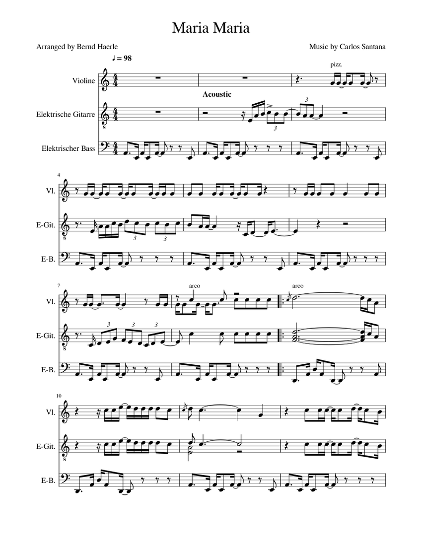 Maria Maria Sheet music for Violin, Guitar, Bass guitar (Mixed Trio ...