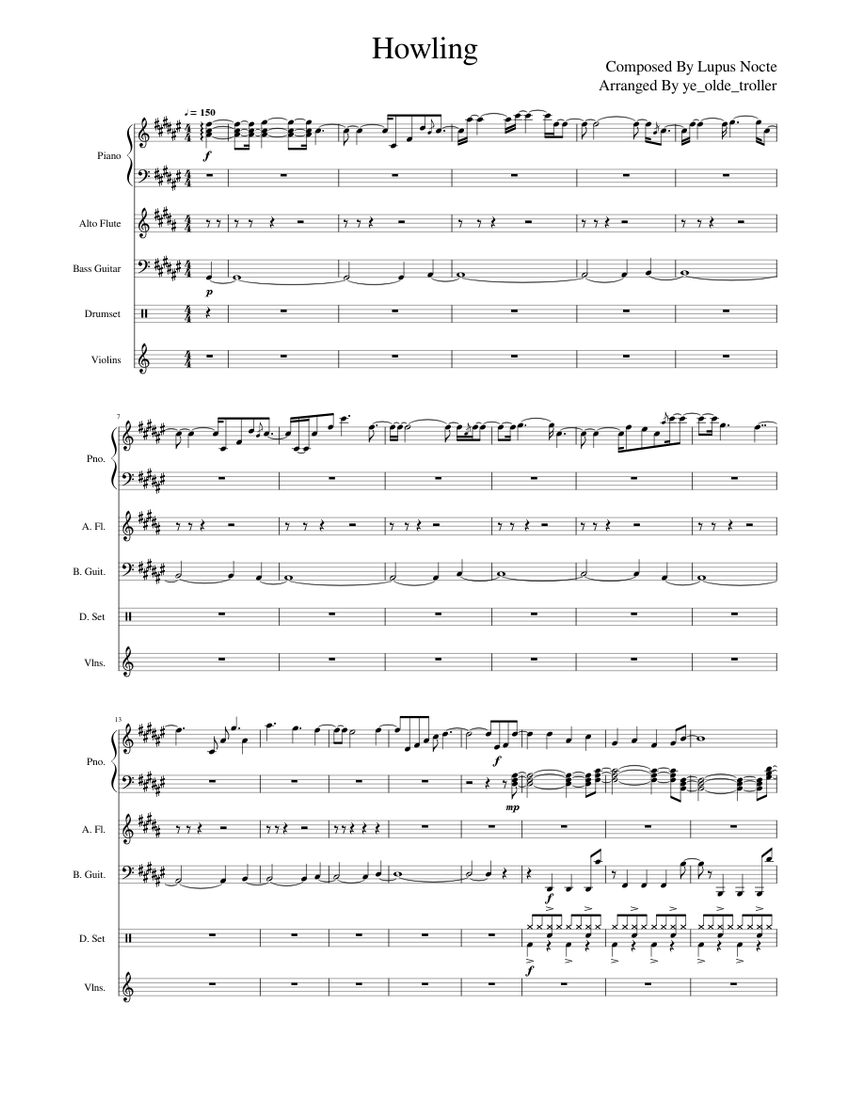 Lupus Nocte - Howling Sheet Music for Piano, Bass guitar, Drum group ...