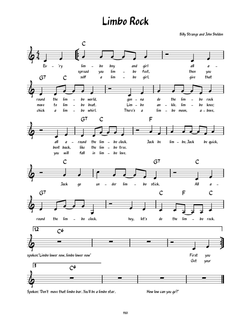 Limbo Rock (Lead sheet with lyrics ) Sheet Music with Chords for Piano ...