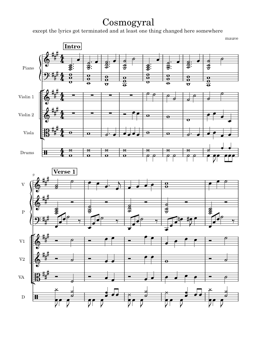 cosmogyral Sheet music for Piano, Violin, Viola, Drum group (Mixed Ensemble) | Musescore.com