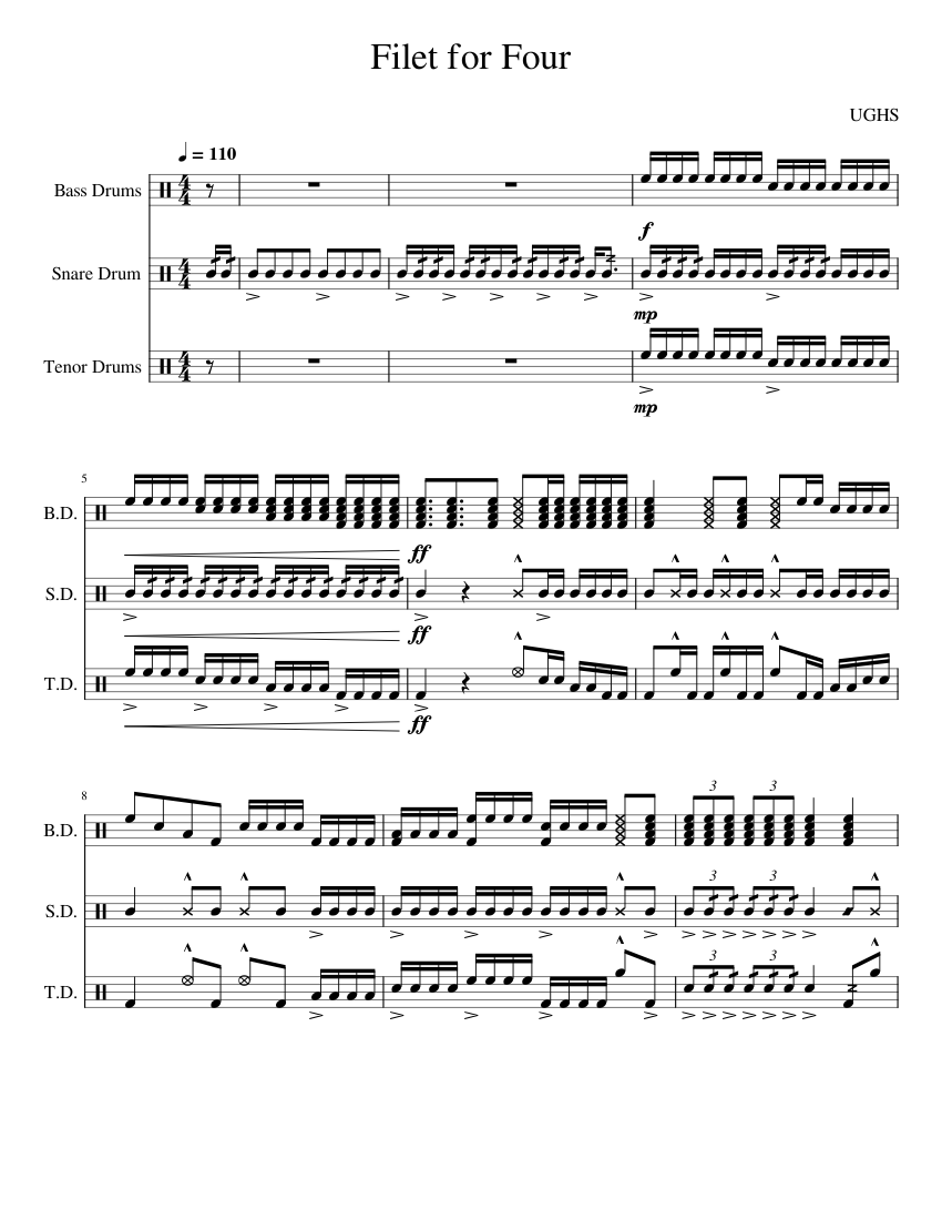 Filet_for_Four Sheet music for Snare drum, Tenor drum, Bass drum ...