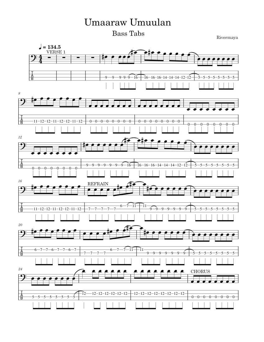 Umaaraw Umuulan – Rivermaya Bass Tabs Sheet music for Bass guitar (Solo ...
