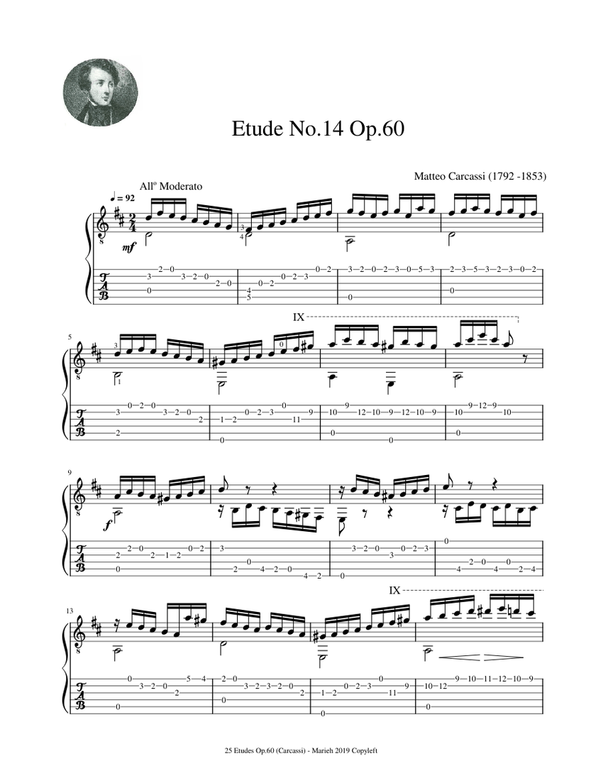 Etude No.14 Op.60 - Carcassi, Matteo (1792 - 1853) - Tablature Sheet ...