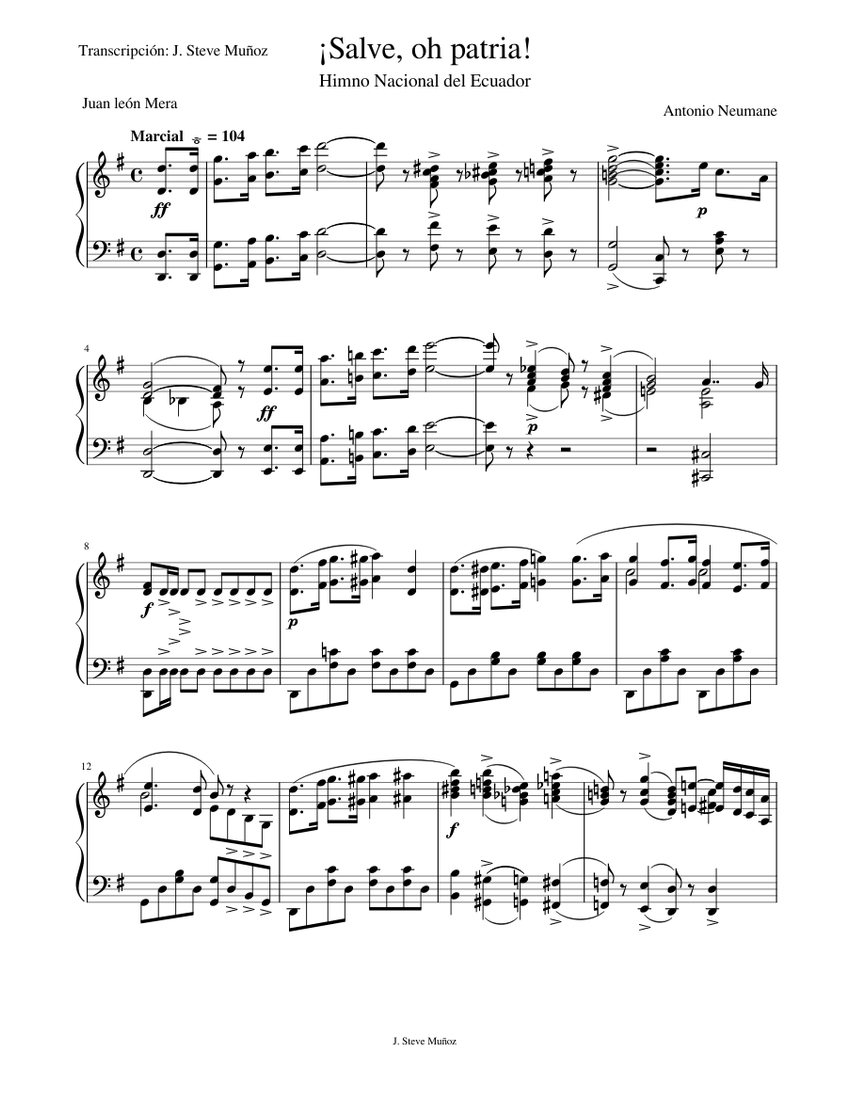 ¡Salve, oh patria! - Himno Nacional del Ecuador. Sheet music for Piano (Solo) | Musescore.com
