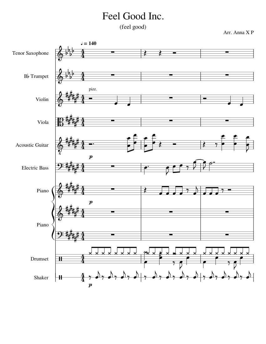 Feel Good Inc. Sheet music for Piano, Saxophone tenor, Trumpet in b ...
