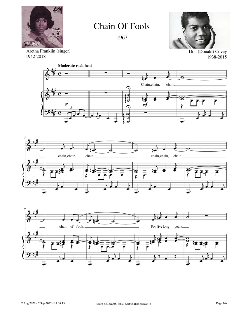 Chain Of Fools – Donald Covay & Aretha Franklin Sheet Music for Piano, Kazoo (Piano-Voice ...