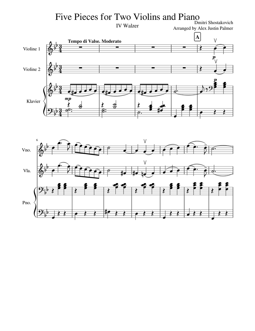 Five Pieces for Two Violins and Piano Shostakovich/ Arr. Alex Justin ...