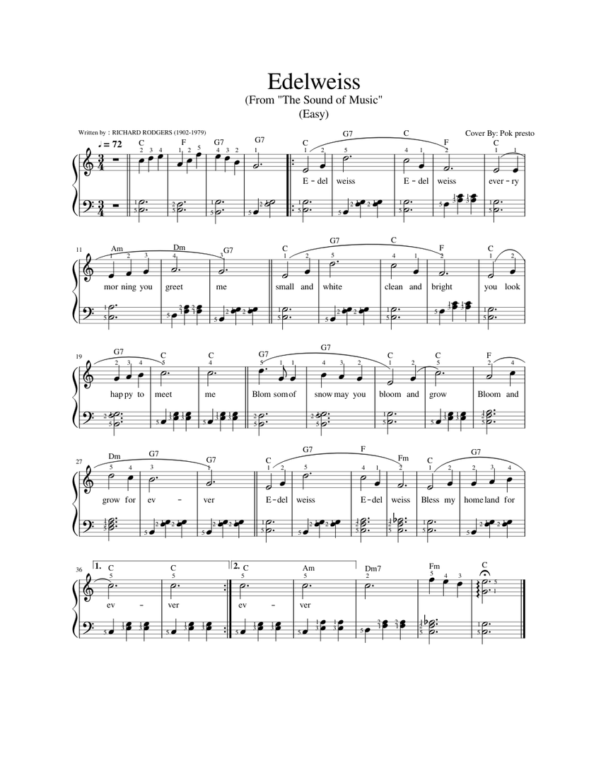 Edelweiss KEY Cแบบ easy Sheet Music for Piano (Solo) | MuseScore.com