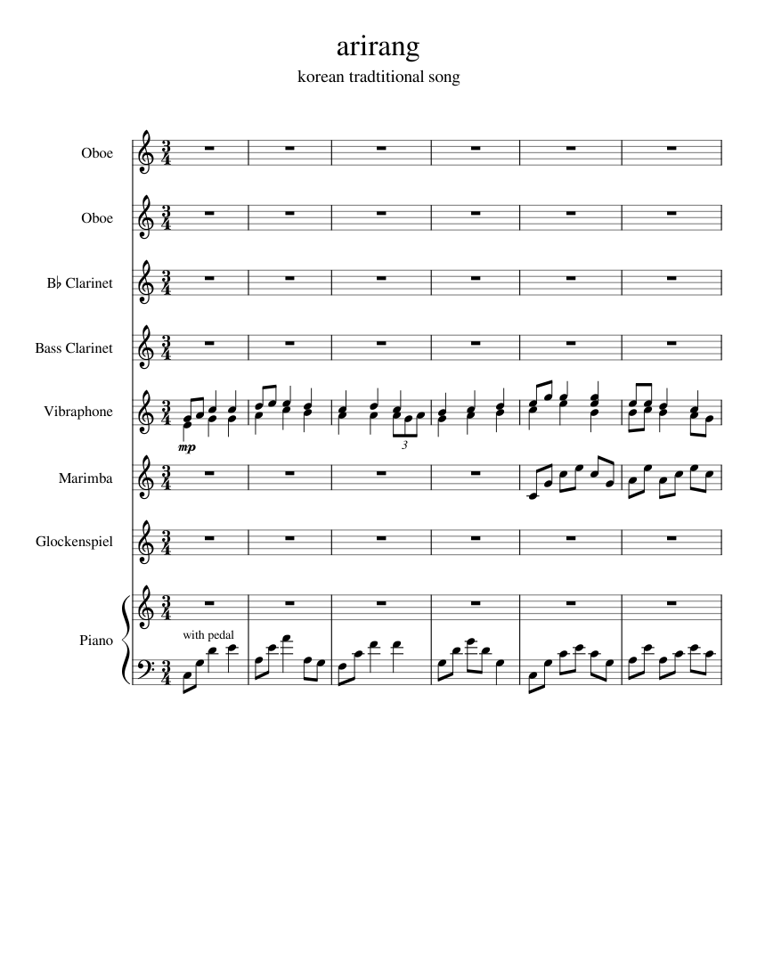 Arirang Sheet Music for Piano, Oboe, Clarinet in b-flat, Clarinet bass ...