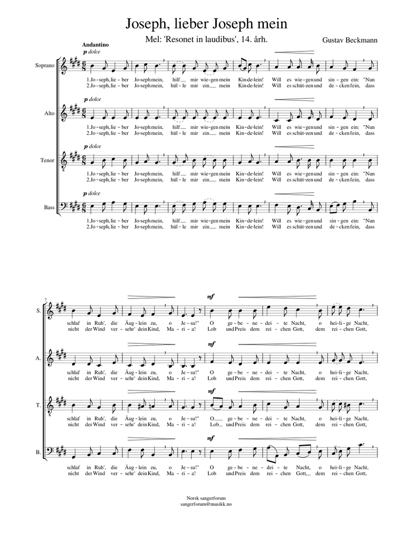 Joseph, lieber Joseph mein – Gustav Beckmann Sheet music for Soprano, Alto, Tenor, Bass voice ...