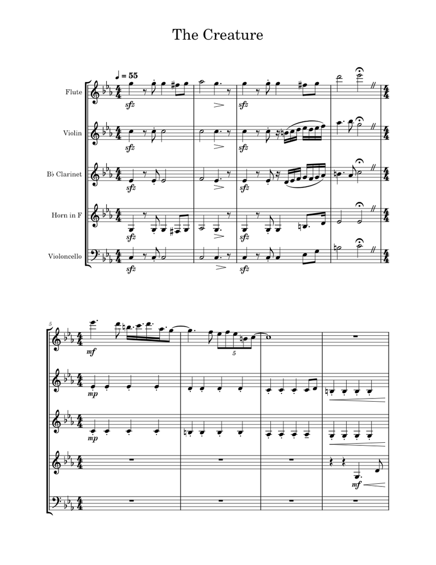 The Creature Sheet music for Flute, Clarinet in b-flat, French horn ...