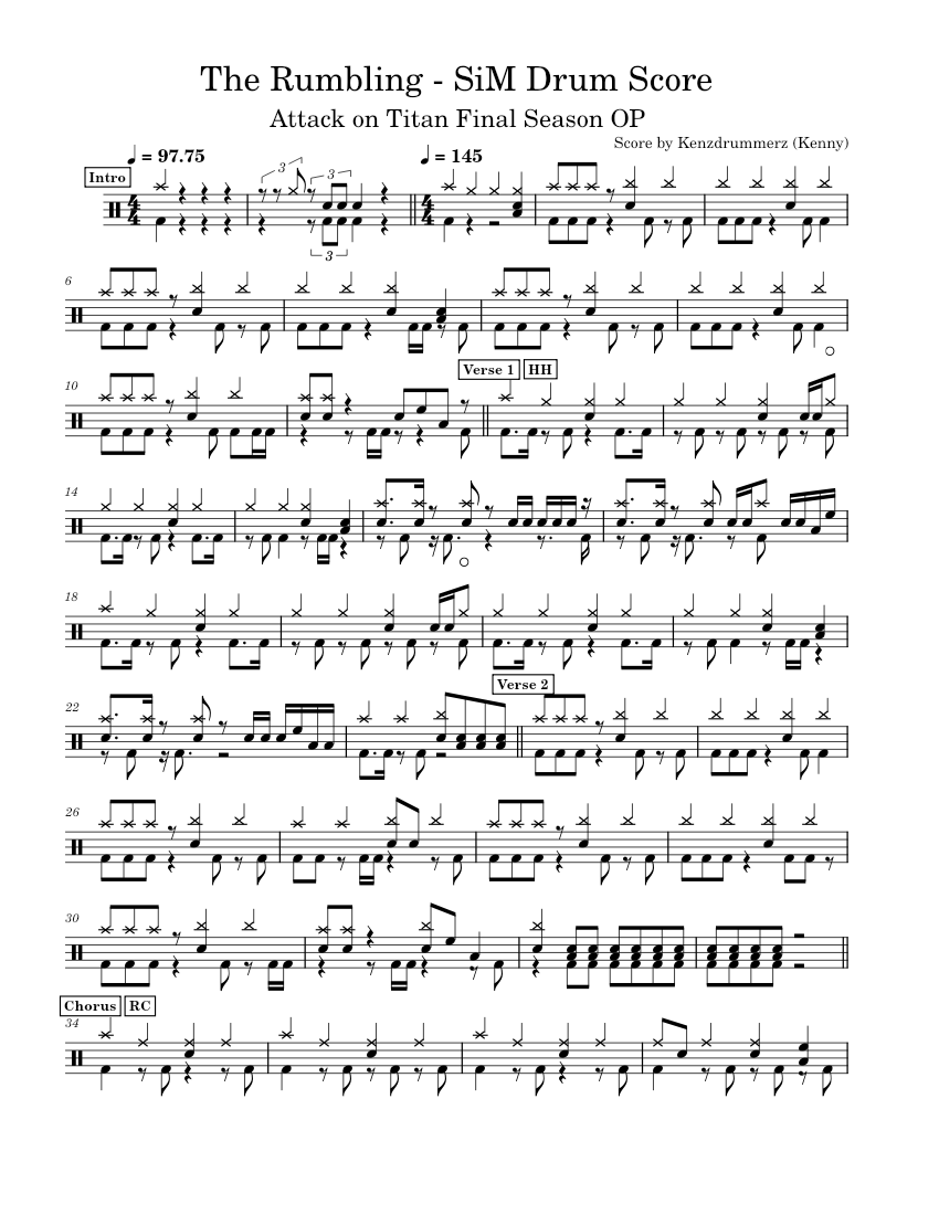 The Rumbling – Sim The Rumbling – SiM Drum Score Sheet Music for Drum ...