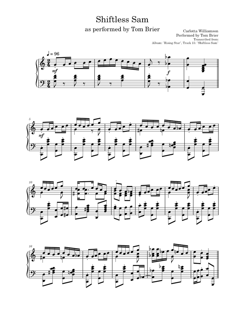 Shiftless Sam as performed by Tom Brier Sheet music for Piano (Solo ...