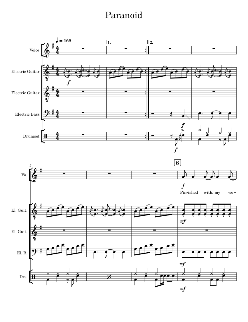 Paranoid – Black Sabbath Sheet Music for Vocals, Guitar, Bass guitar ...