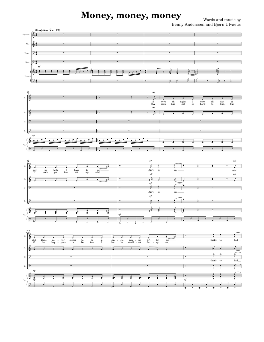 Money, money, money Sheet music for Piano, Soprano, Alto, Tenor & more instruments (SATB ...