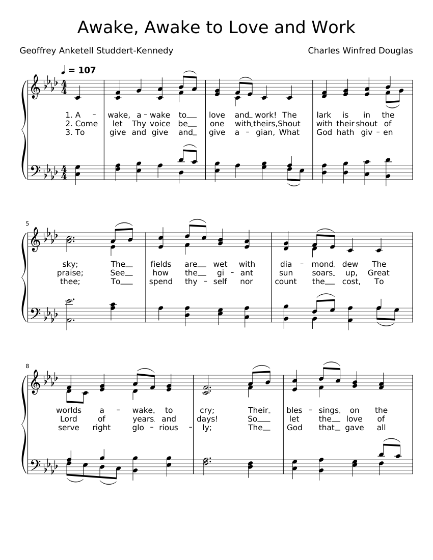 Awake, Awake to Love and Work Sheet Music for Piano (Solo) easy ...