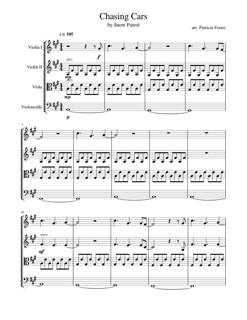 Chasing Cars Sheet Music for Violin, Viola, Cello (String Quartet ...