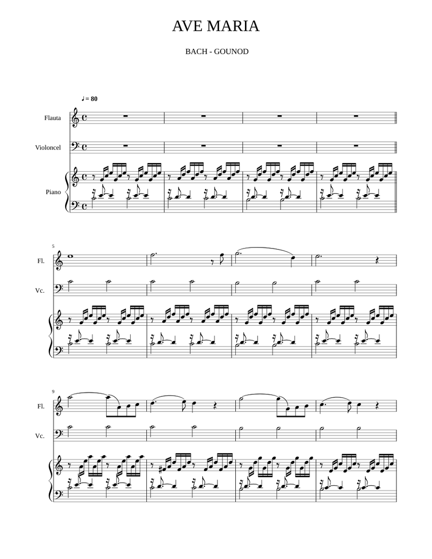 AVE MARIA BACH-GOUNOD Sheet Music for Piano, Flute, Cello (Mixed Trio ...