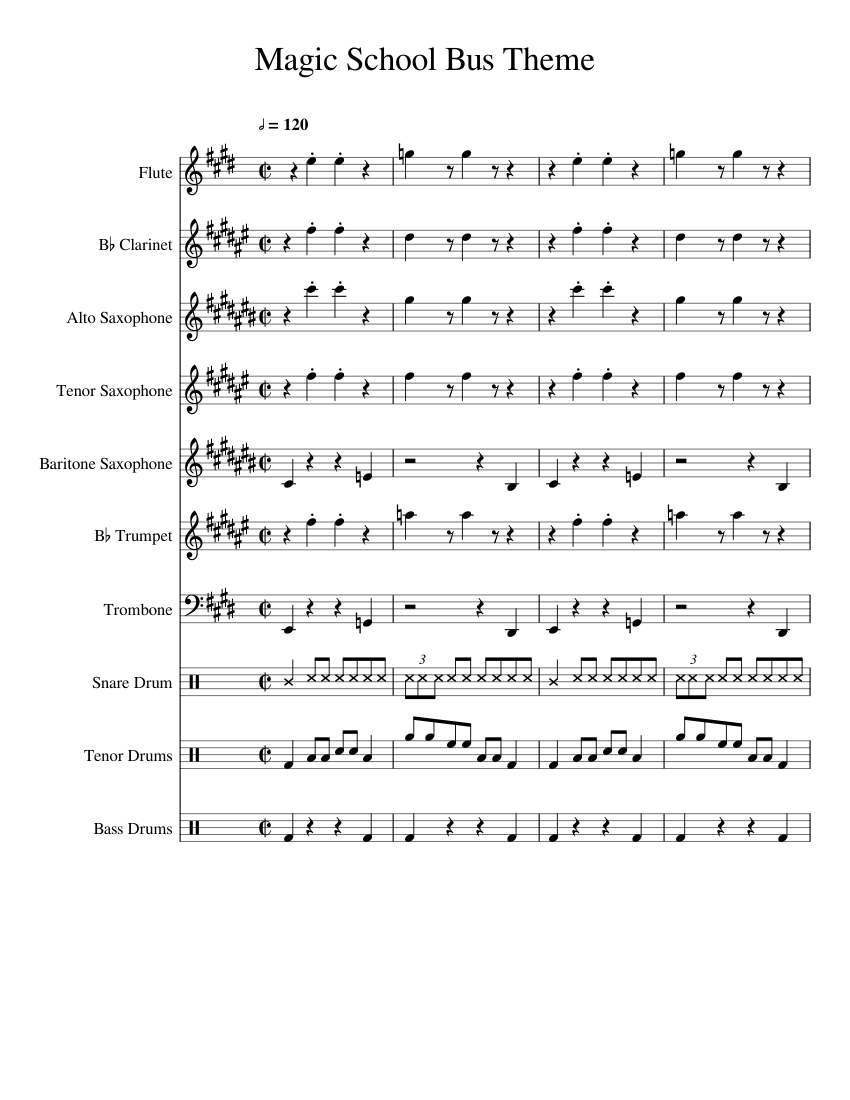 Magic School Bus Theme Sheet Music for Trombone, Flute, Clarinet in b ...