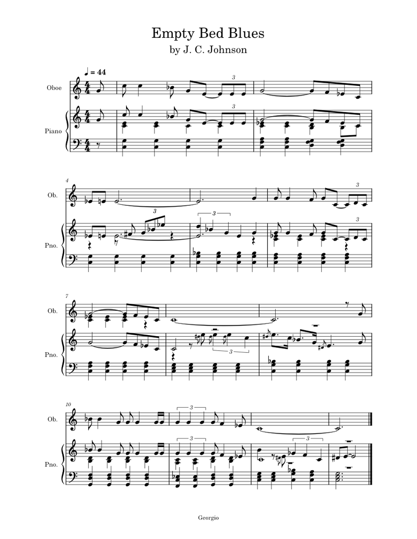 Empty Bed Blues – J. C. Johnson Sheet Music for Piano, Oboe (Piano Duo ...
