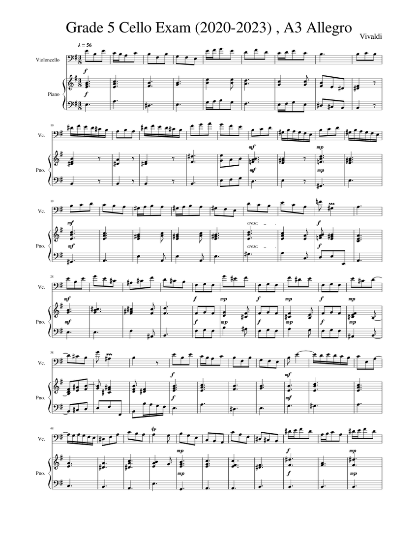 Grade 5 Cello Exam (2020-2023) , A3 Allegro Sheet Music for Piano ...