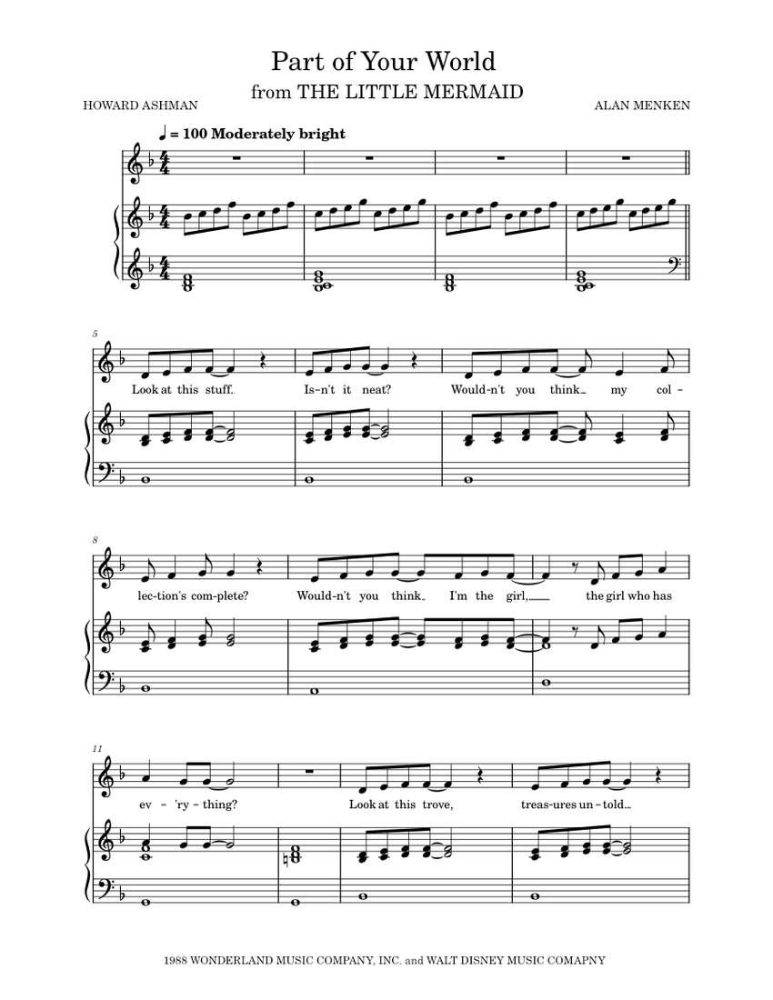 Part of Your World Sheet Music for Piano, Vocals (Piano-Voice ...