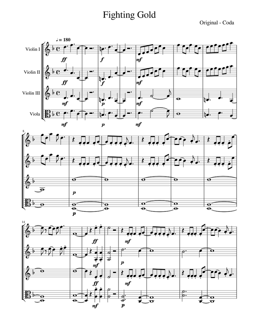 Fighting Gold Sheet Music for Violin, Viola (Mixed Quartet) | MuseScore.com