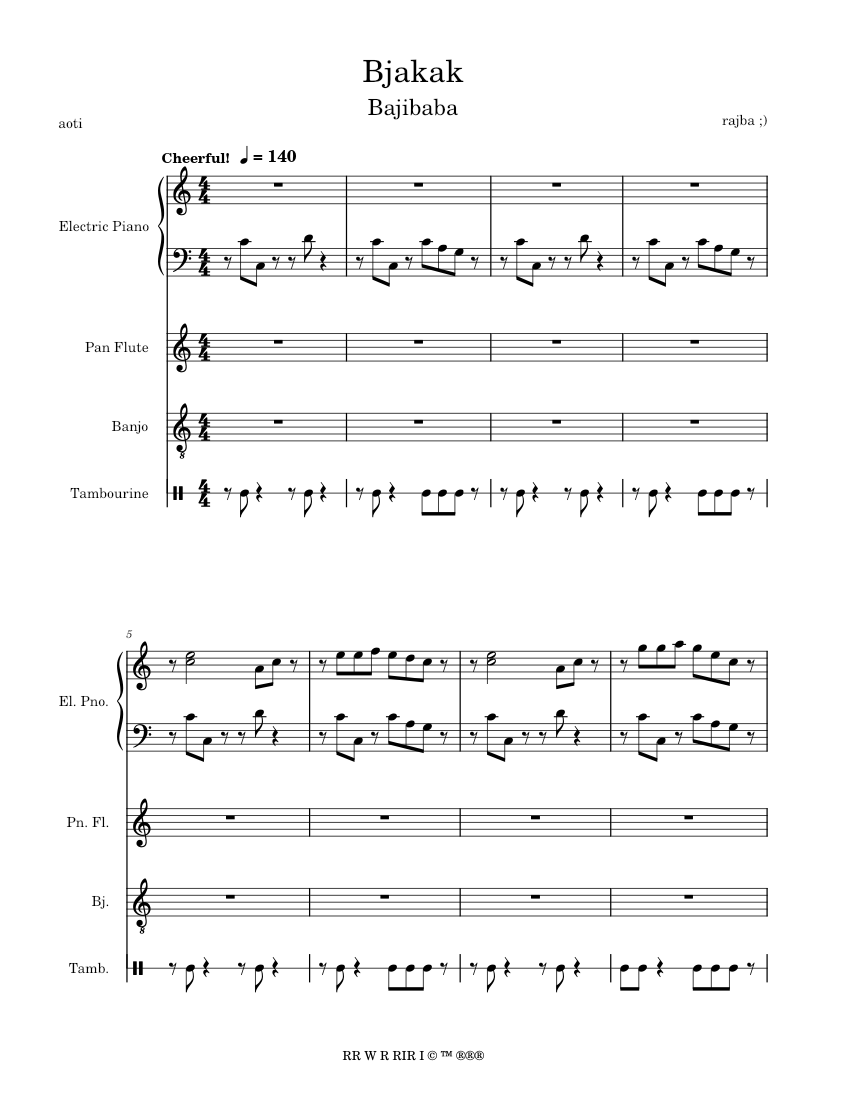 Bjakak Sheet music for Piano, Tambourine, Flute other, Banjo (Piano ...