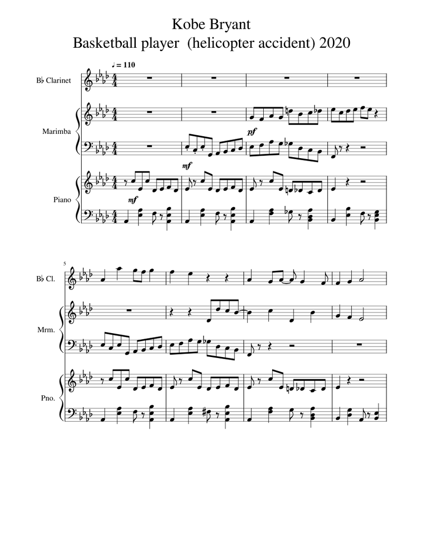 Kobe Bryant Sheet music for Piano, Clarinet in b-flat, Marimba (Mixed ...