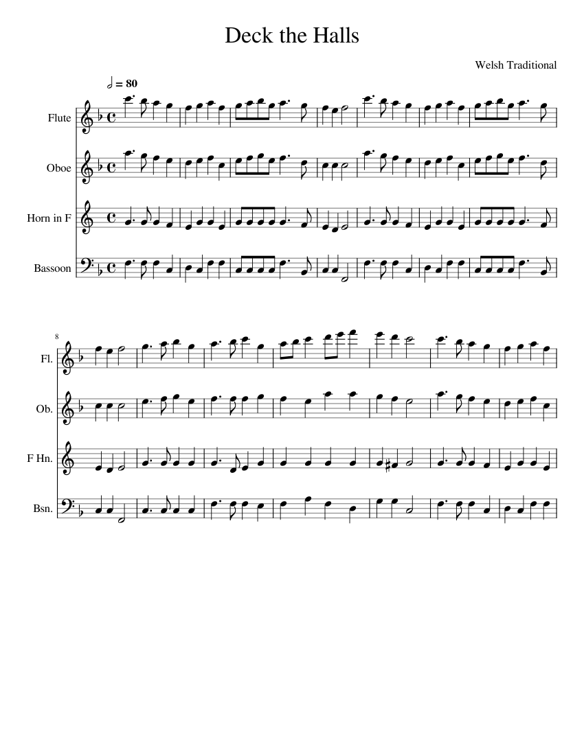 Deck the Halls Sheet music for Flute, Oboe, Bassoon, French horn (Mixed ...