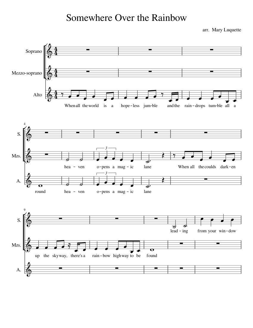 Somewhere Over the Rainbow SSA Sheet Music for Soprano, Alto, Mezzo ...