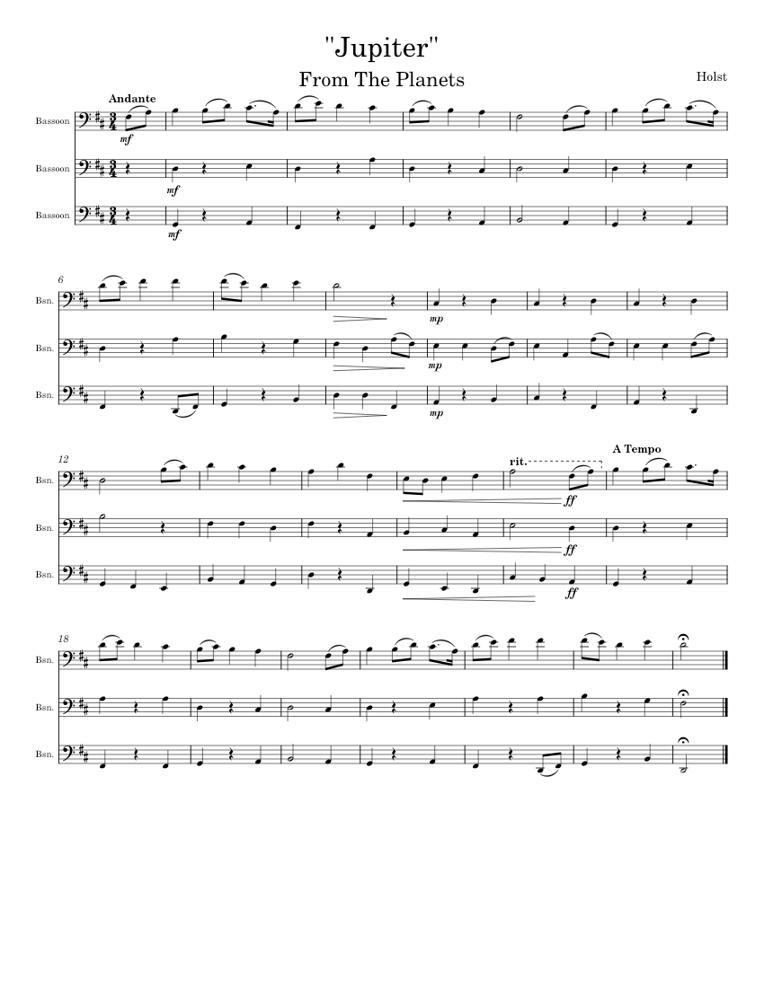 Jupiter from "The Planets" - Gustav Holst Sheet Music for Bassoon ...