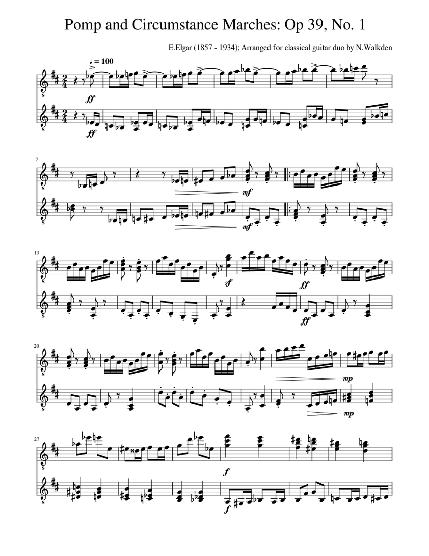 Elgar: Pomp and Circumstance March No. 1 for guitar duo Sheet Music for ...