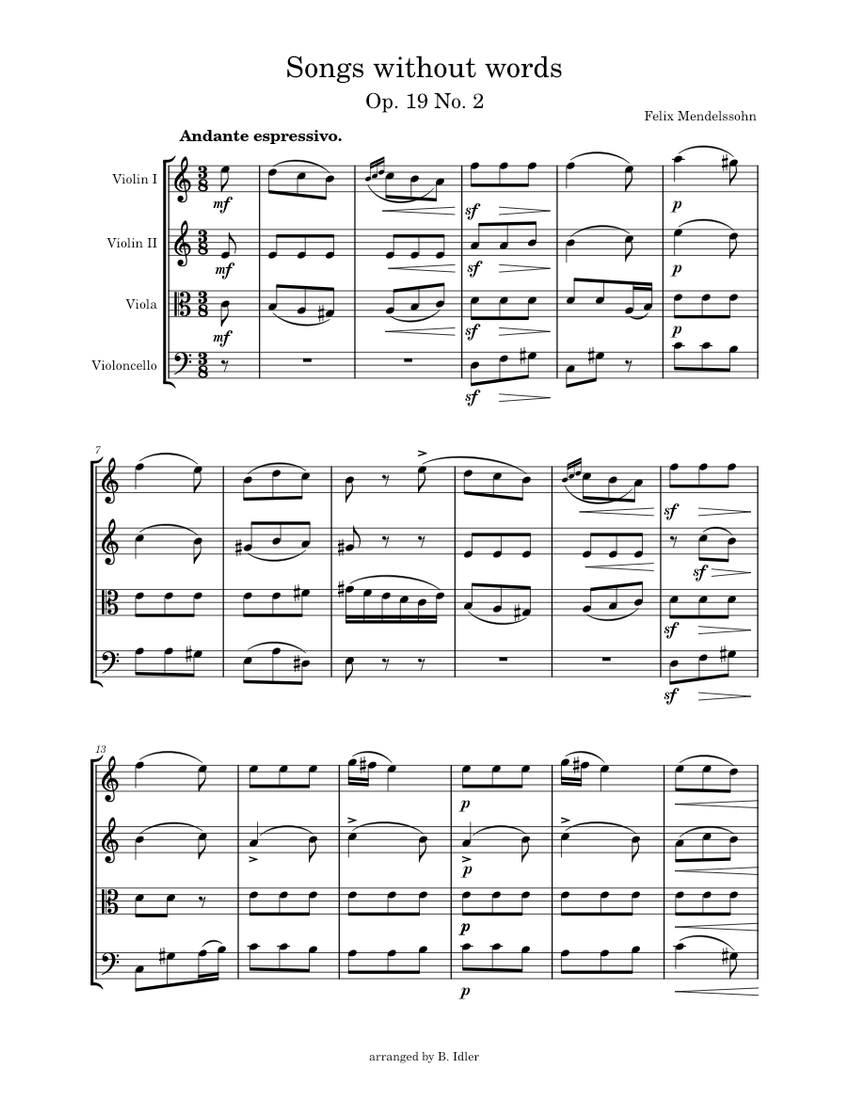 Songs without words (op. 19 No. 2) Sheet Music for Violin, Viola, Cello ...