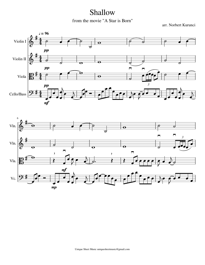 Shallow Quartet Sheet Music for Violin, Viola, Cello (String Quartet ...