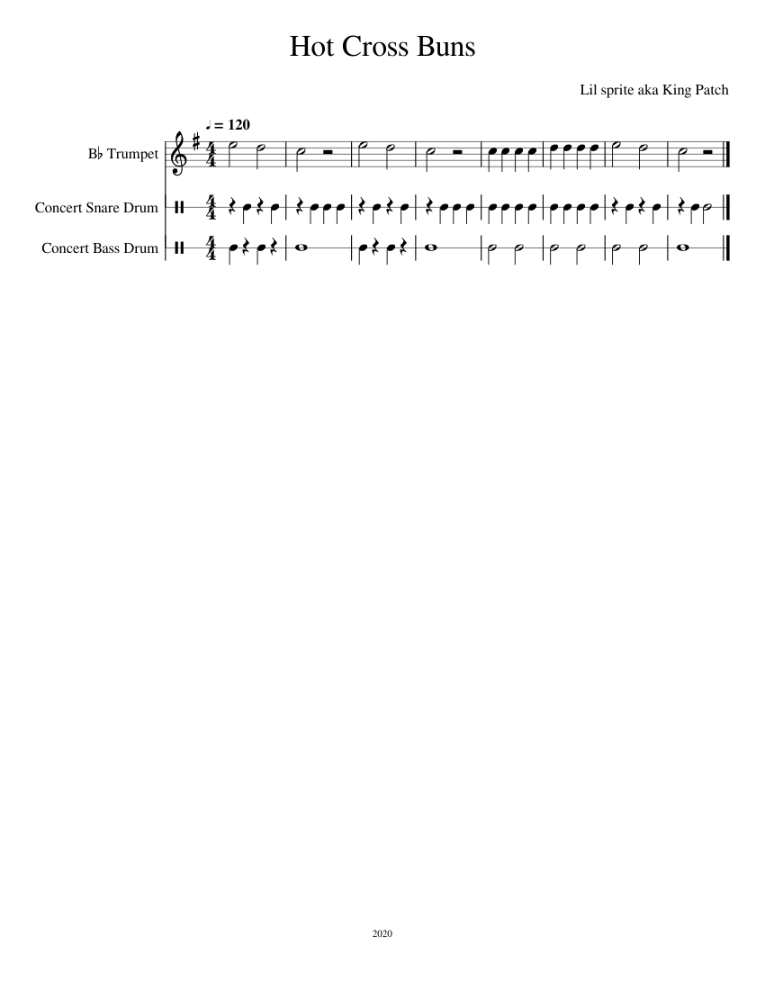 Hot Cross Buns Sheet music for Trumpet in b-flat, Snare drum, Bass drum ...