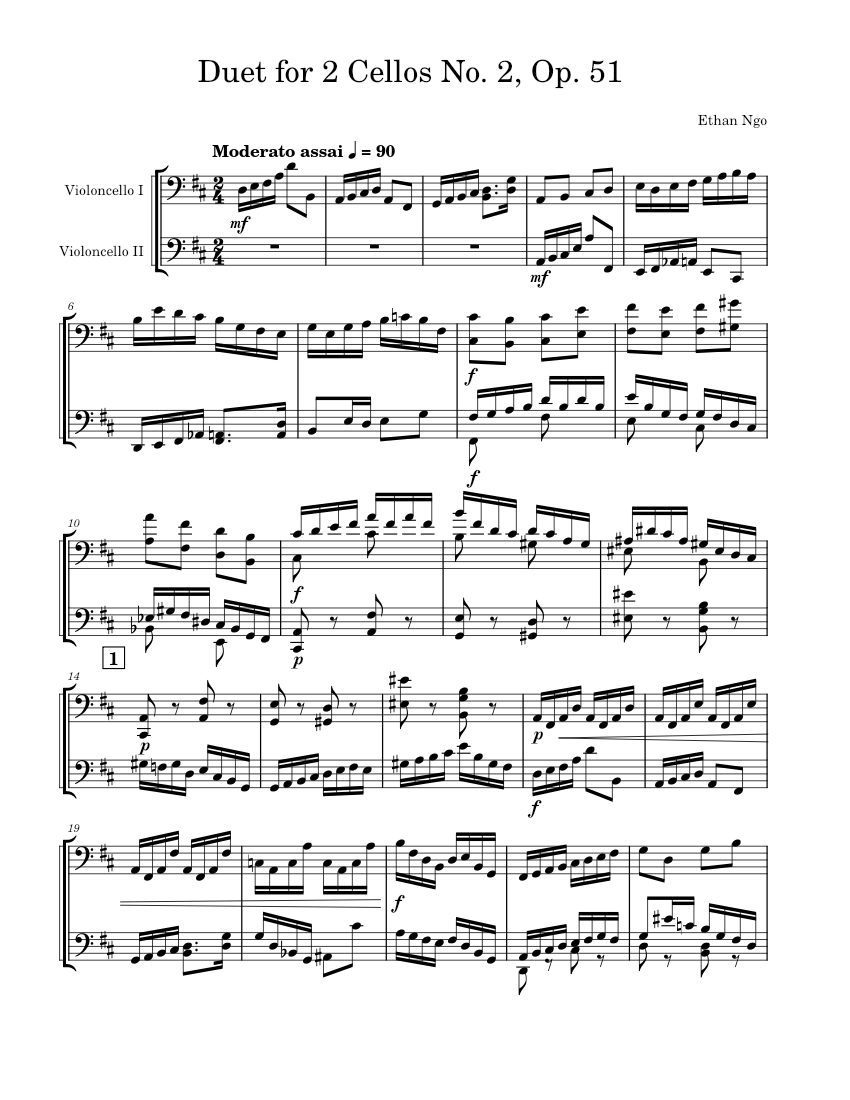 Duet for 2 Cellos No. 2, Op. 51 Sheet music for Cello (String Duet ...