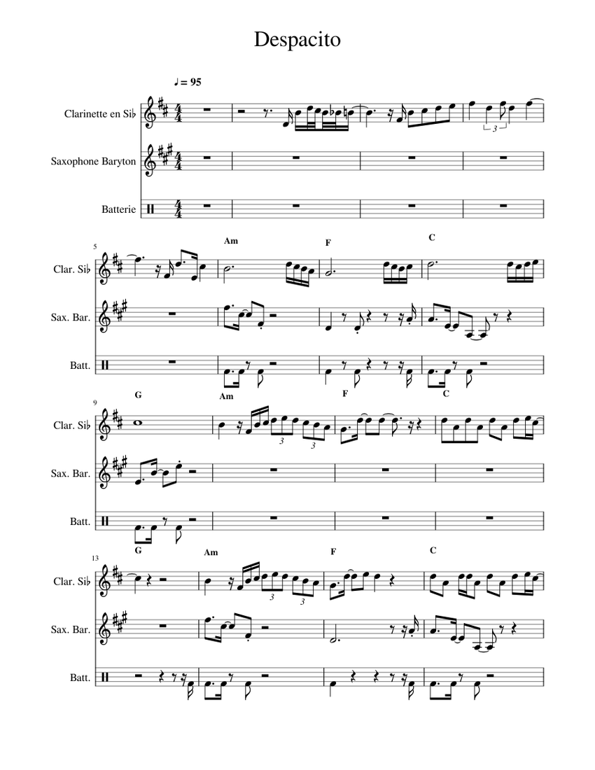 Despacito Sheet Music for Clarinet in b-flat, Saxophone baritone, Drum ...