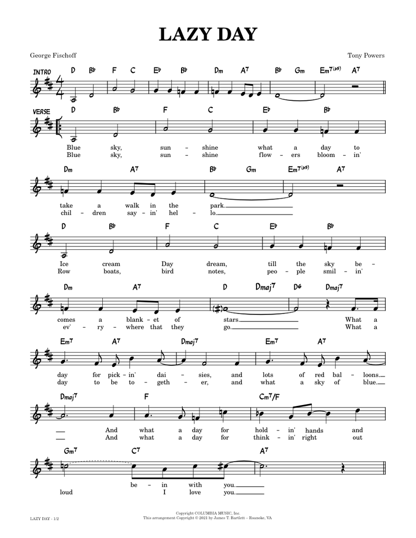 Lazy Day lead sheet Sheet Music with Chords for Piano (Solo) Easy ...