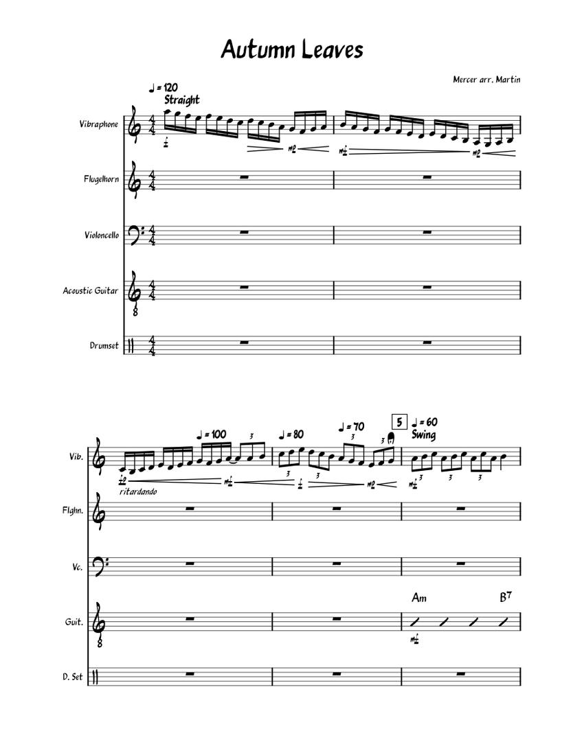 Autumn Leaves Sheet music for Flugelhorn, Vibraphone, Cello, Guitar ...