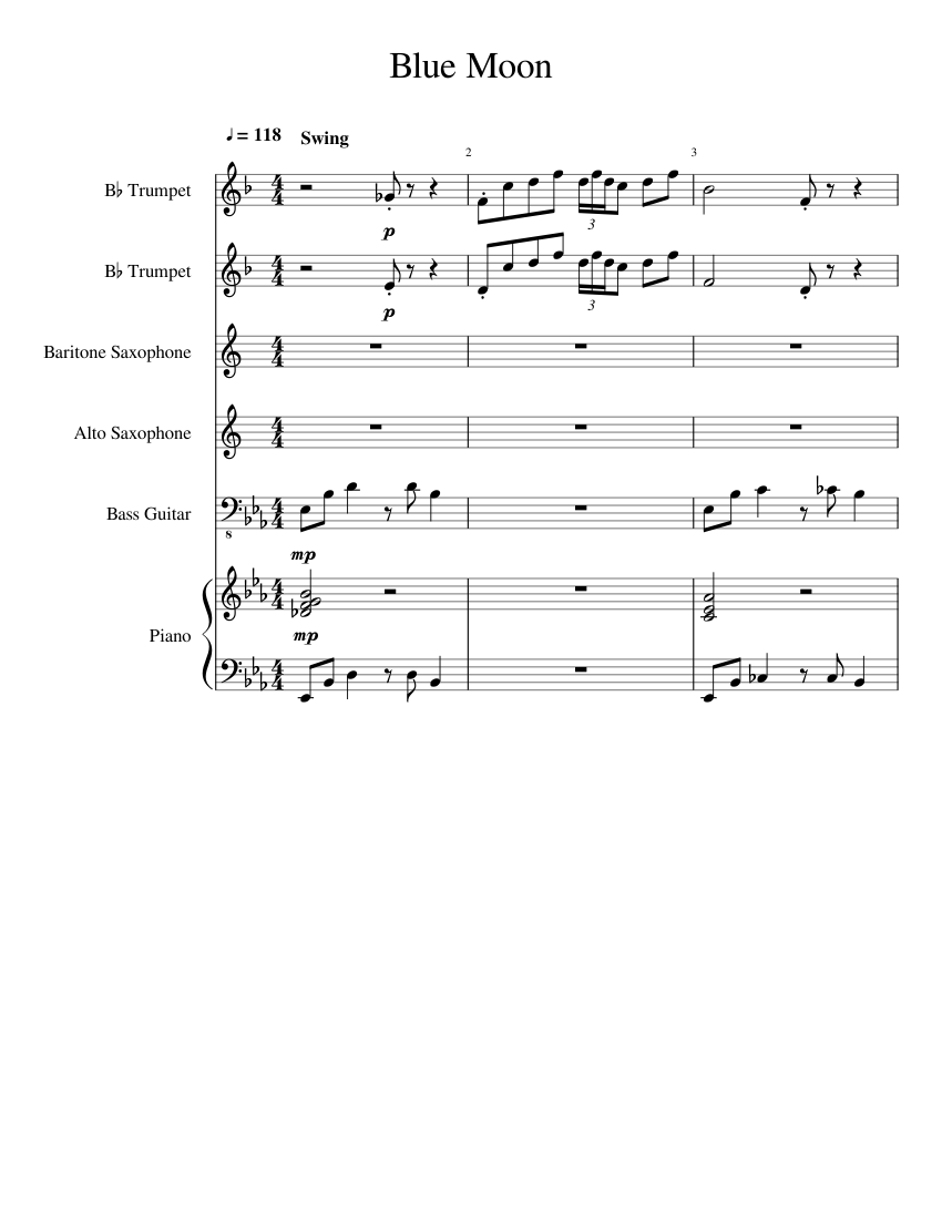 Blue Moon Sheet Music with Chords for Piano, Saxophone alto, Saxophone ...
