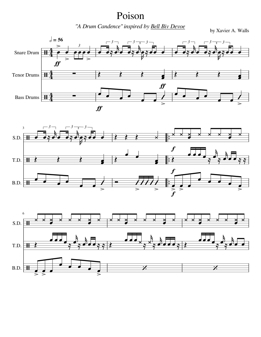 Poison - Xavier Walls Sheet music for Snare drum, Tenor drum, Bass drum ...