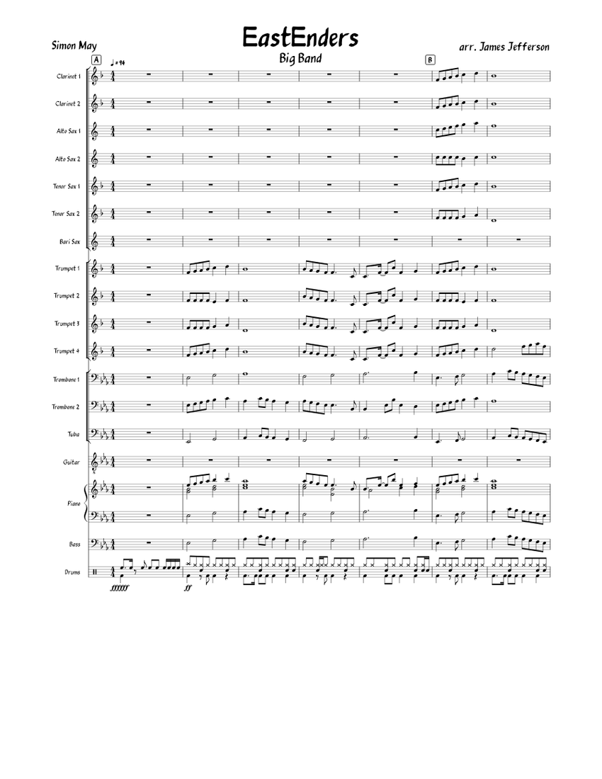 Eastenders Theme Sheet Music for Piano, Trombone, Tuba, Clarinet in b ...