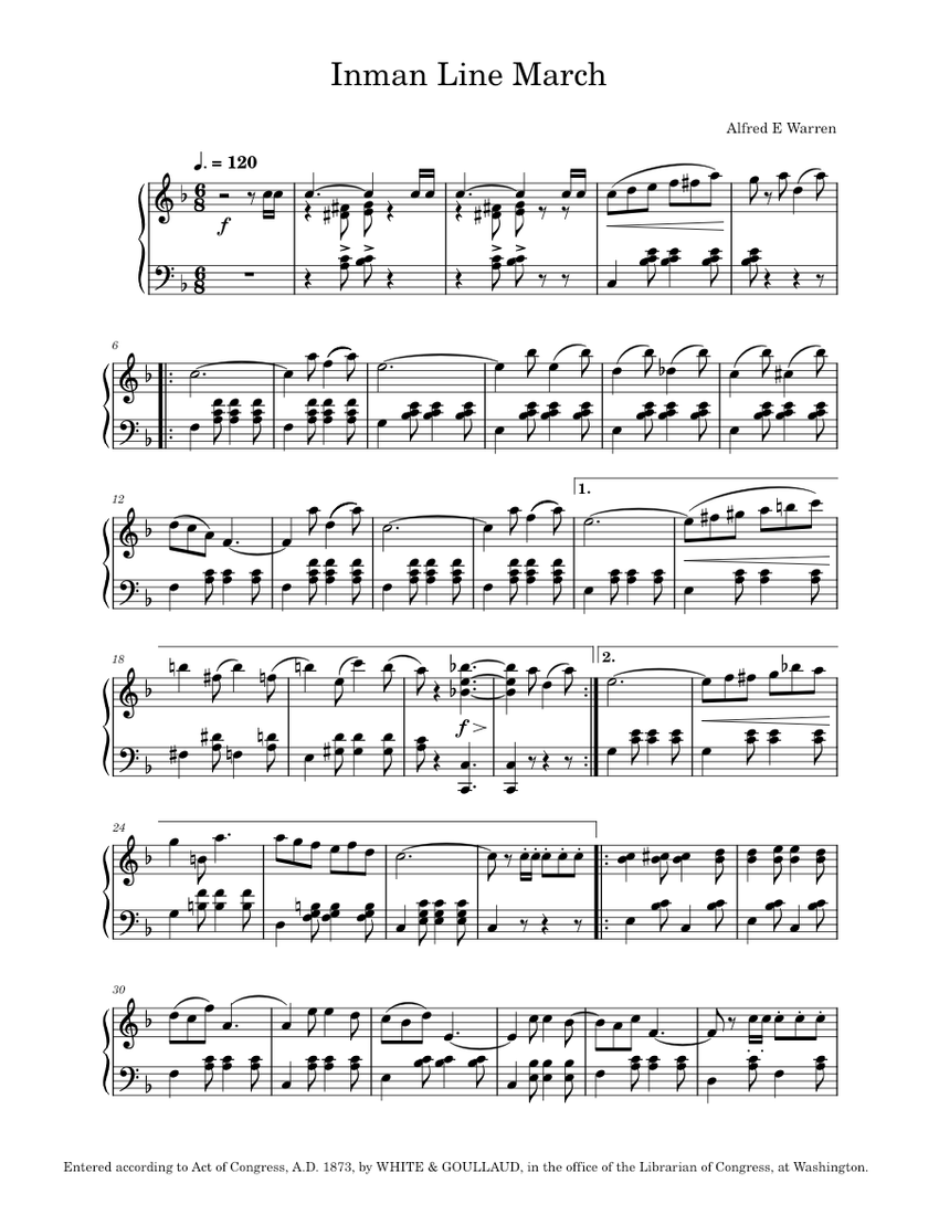 Inman Line March, 1873 Sheet Music for Piano (Solo) | MuseScore.com