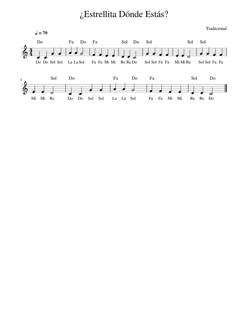 Estrellita Dónde Estás Sheet Music with Chords for Piano (Solo) Easy ...