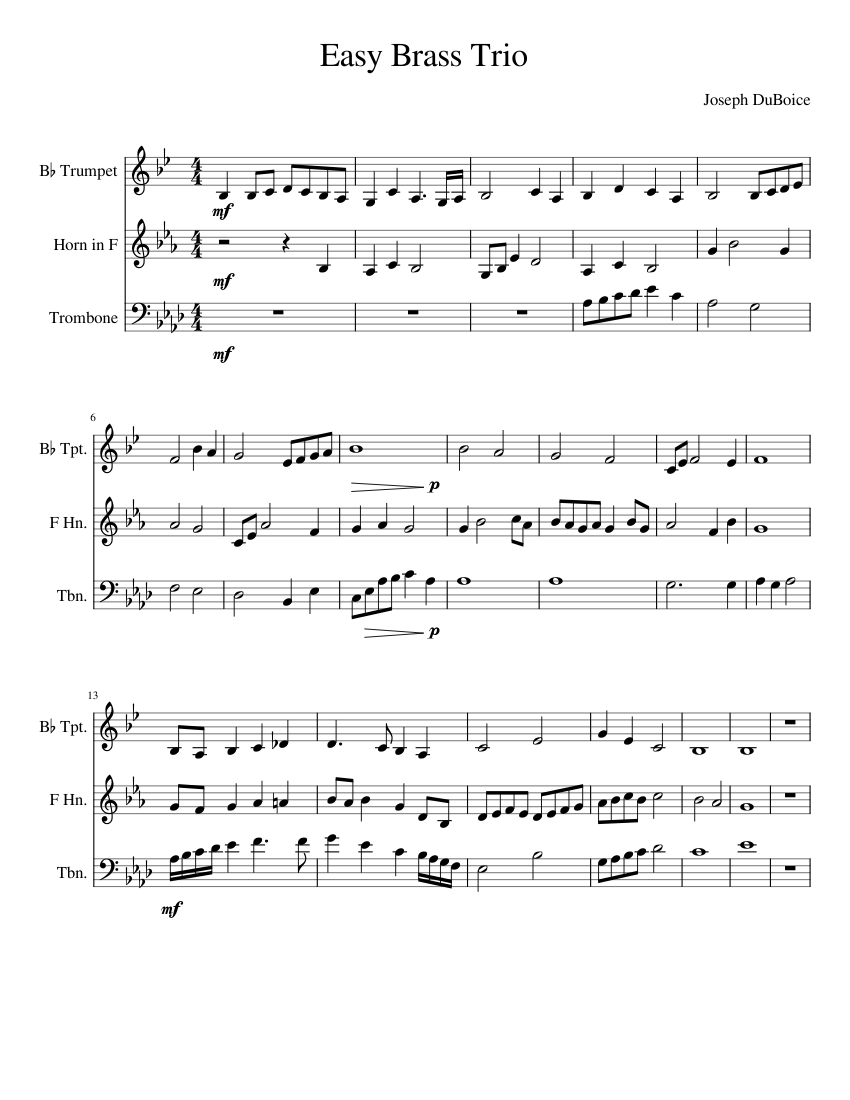 Easy Brass Trio Sheet Music for Trombone, Trumpet in b-flat, French ...