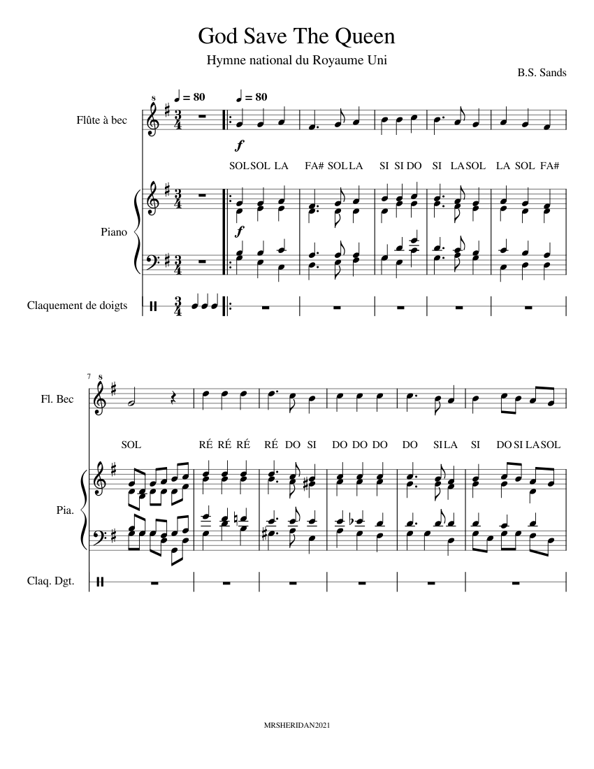 God Save the Queen Sheet music for Piano, Recorder, Snap (Mixed Duet ...