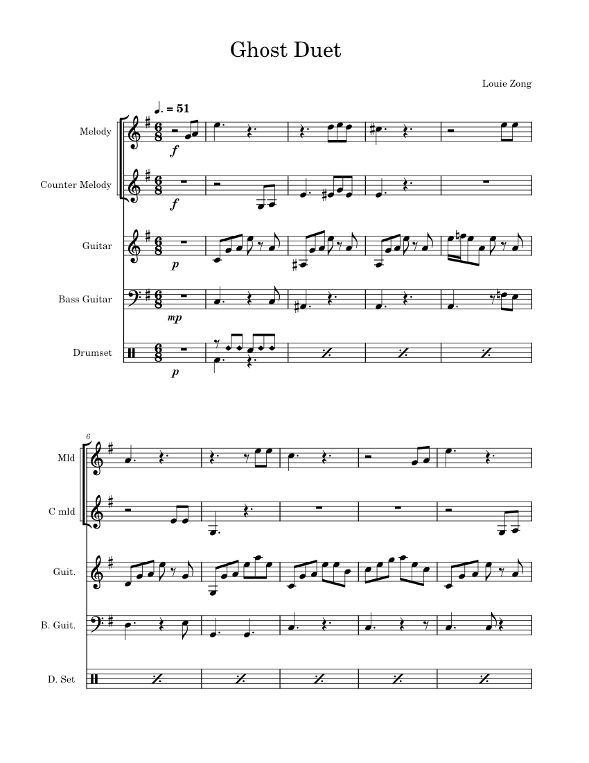 Ghost duet – Louie Zong Ghost Duet Sheet Music for Vocals, Guitar, Bass ...