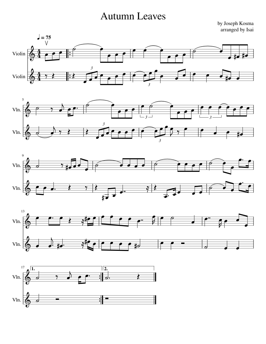 Autumn Leaves – Joseph Kosma Autumn Leaves Sheet Music for Violin ...