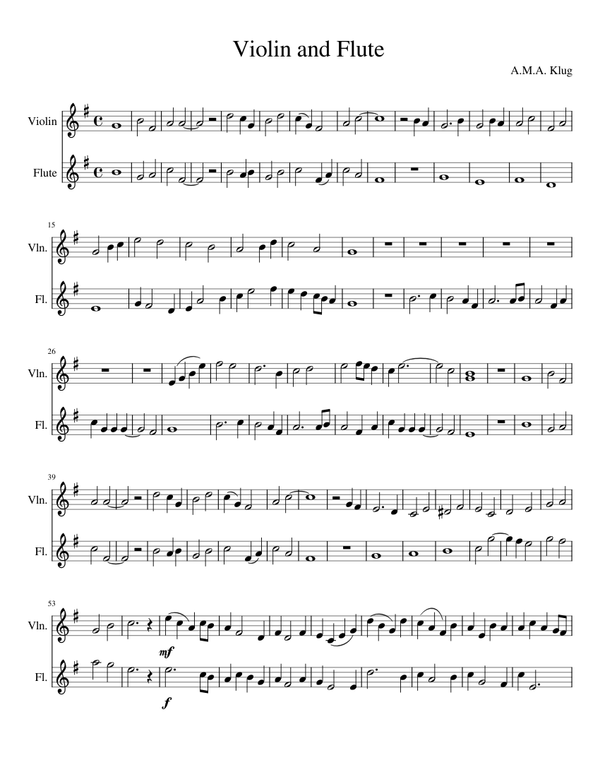 Violin and Flute Sheet Music for Flute, Violin (Mixed Duet) | MuseScore.com